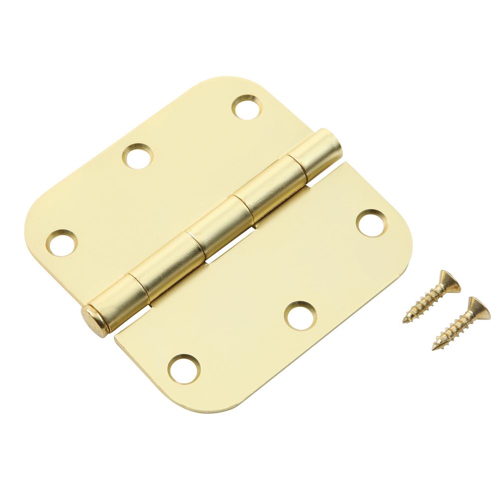Hardware Essentials 3-1/2 in. Satin Brass Residential Door Hinge with 5/8 in. Round Corner ...