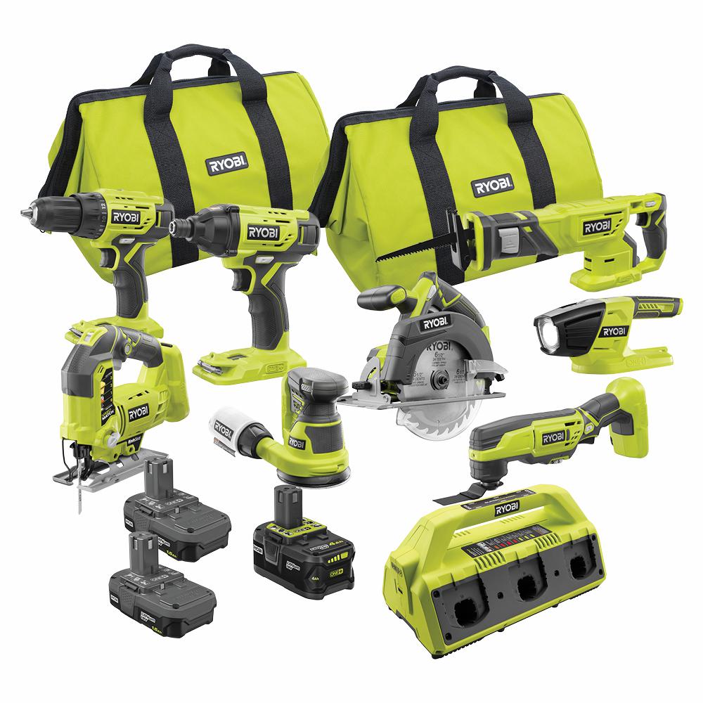 RYOBI ONE+ 18V Cordless 9-Piece Combo Kit with (3) Batteries and 6-Port ...