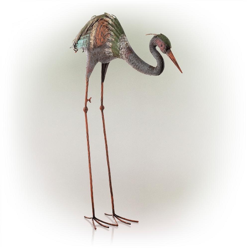 Alpine Corporation 30 in. Tall Outdoor Rustic Metal Bowing Crane Statue ...