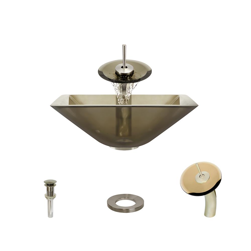 MR Direct Glass Vessel Sink in Taupe with Waterfall Faucet and Pop-Up ...