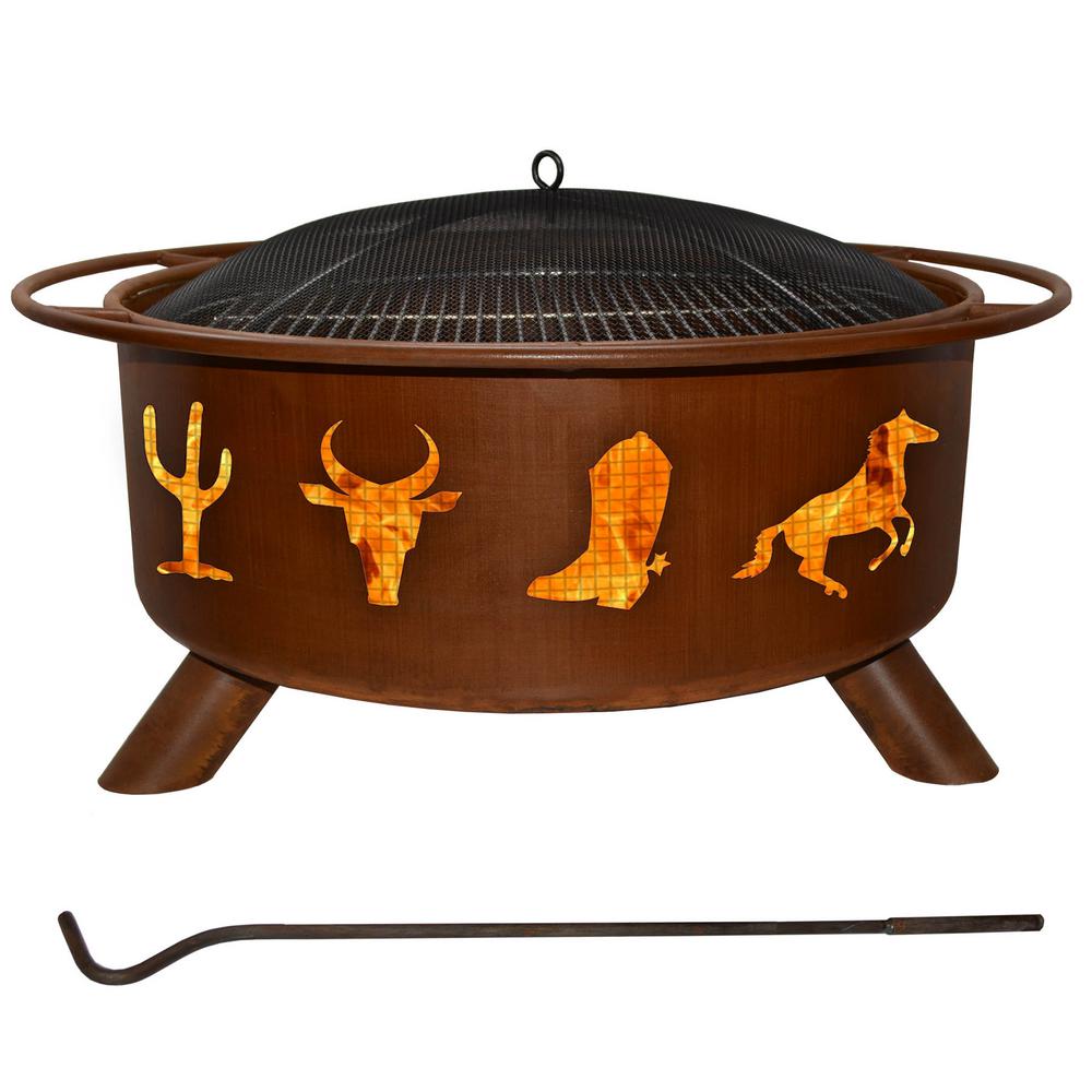 Western Cowboy 29 in. x 18 in. Round Steel Wood Burning Fire Pit in ...