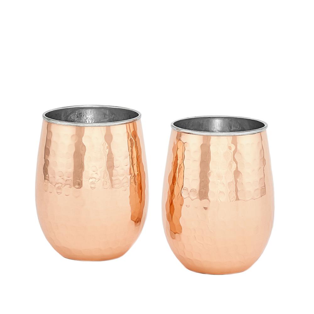 Old Dutch 2 Ply Hammered Solid Copper Stainless Steel Stemless Wine Tumblers 2 Piece Set