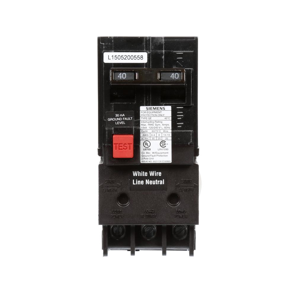 Siemens 40 Amp Double Pole Type QE Ground Fault Equipment Protection ...