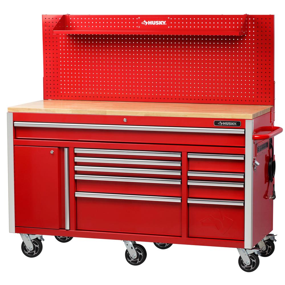 Husky 62 in. 14-Drawer Mobile Workbench with Adjustable-Height Solid ...