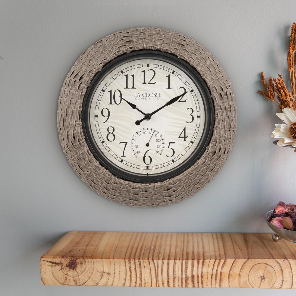 La Crosse Clock 13 In. Weaver Indoor/Outdoor Rattan Analog Quartz Wall ...