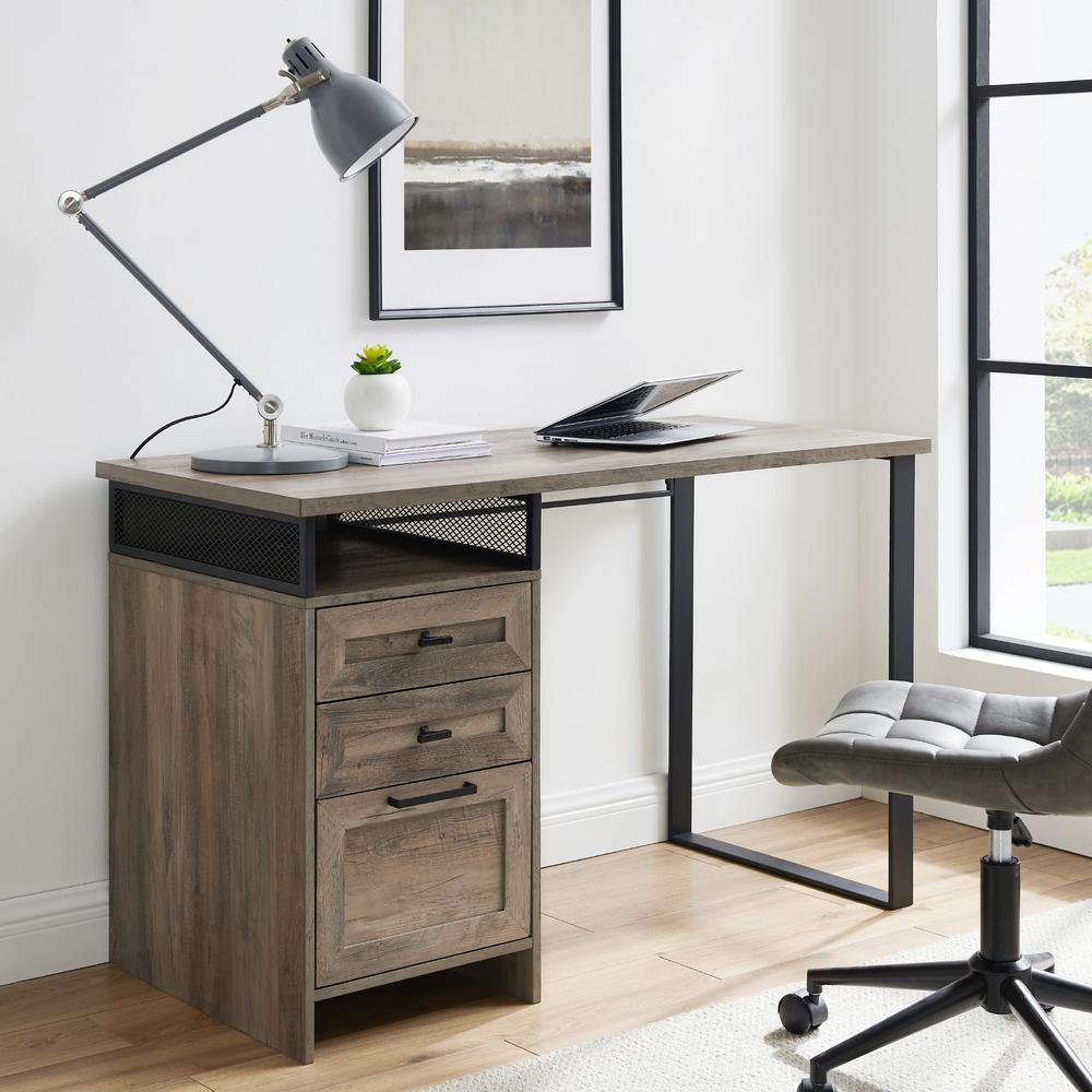 Welwick Designs 48 in. Rectangular Grey Wash Wood and Metal 3-Drawer ...