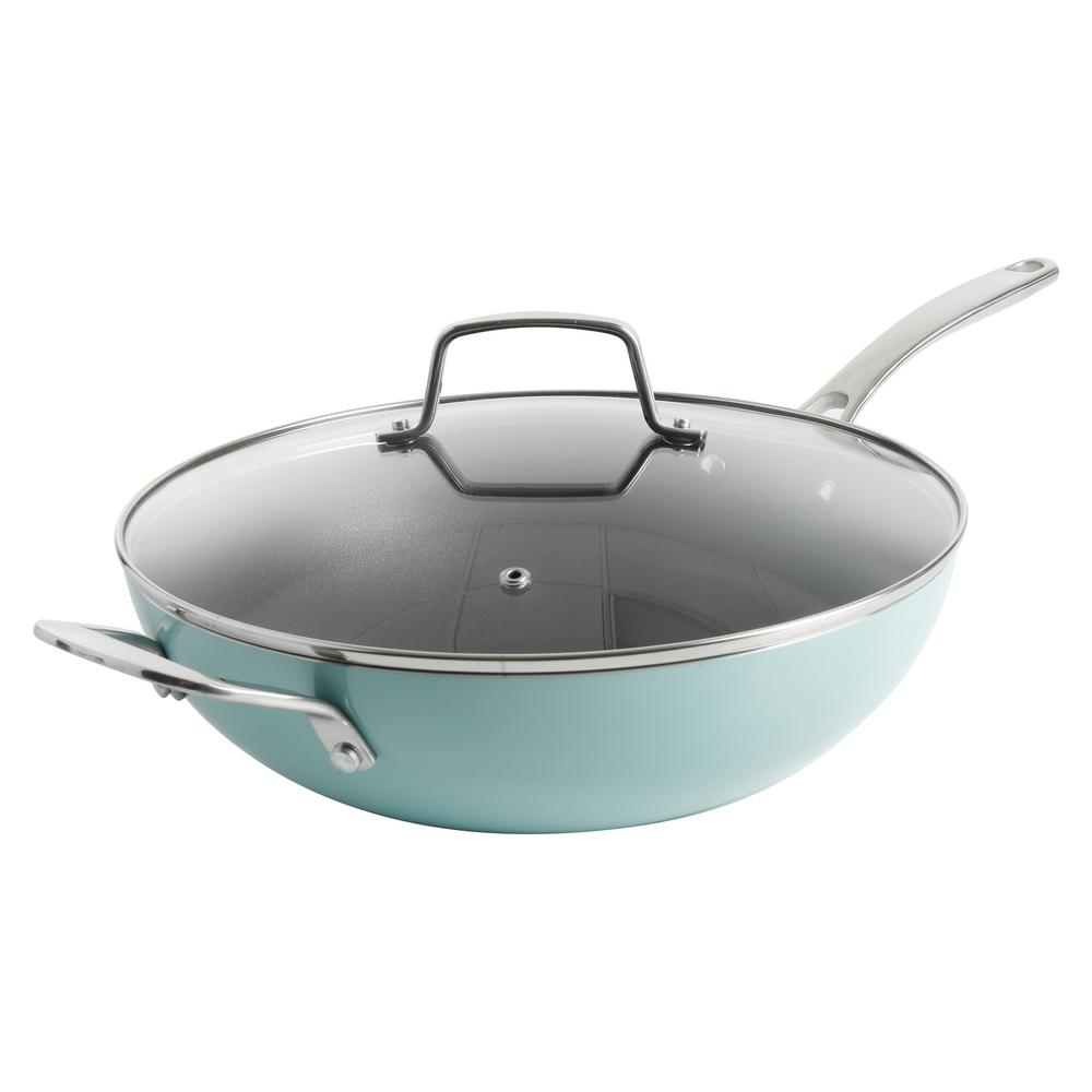 Martha Stewart Large 12 in. Blue Enameled Aluminum Nonstick Stir Fry ...
