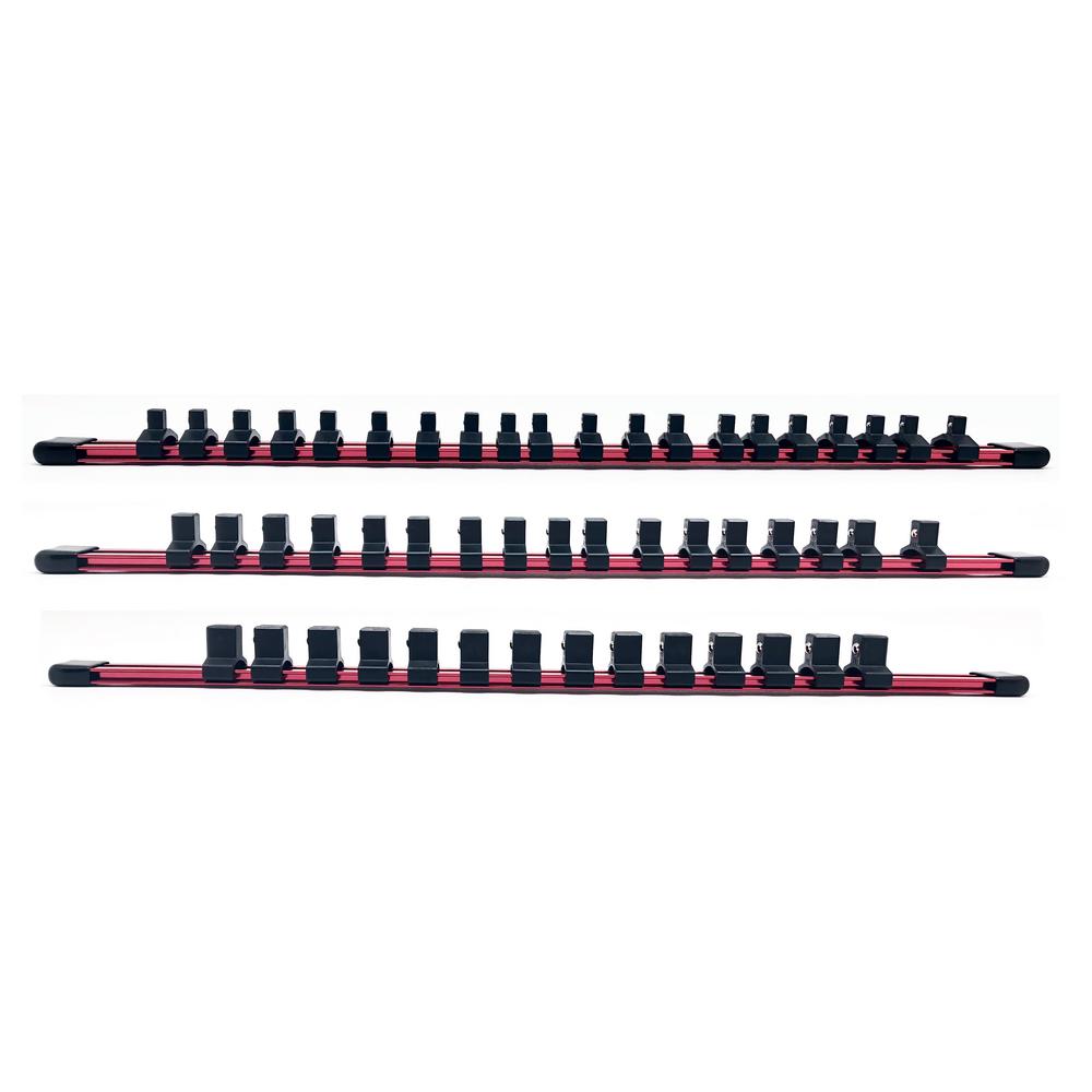 Industro 1/4 in., 3/8 in., 1/2 in. Drive Red Aluminum Socket Holder Set ...