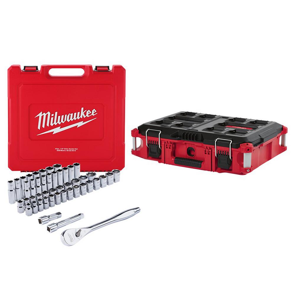Milwaukee 1/2 in. Drive SAE/Metric Ratchet and Socket Mechanics Tool Set (47-Piece) with PACKOUT ...