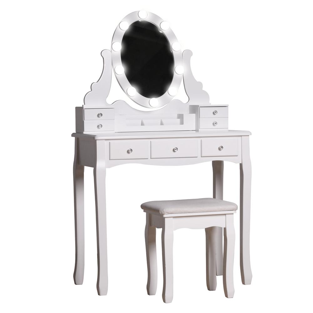 VEIKOUS White Wooden Bedroom Vanity Sets Makeup Table With Oval LED ...