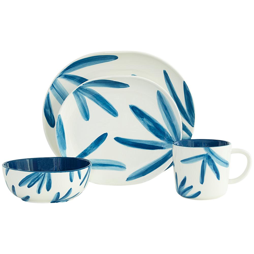 BAUM Aquaflora 16-Piece Contemporary Blue Ceramic Dinnerware Set ...