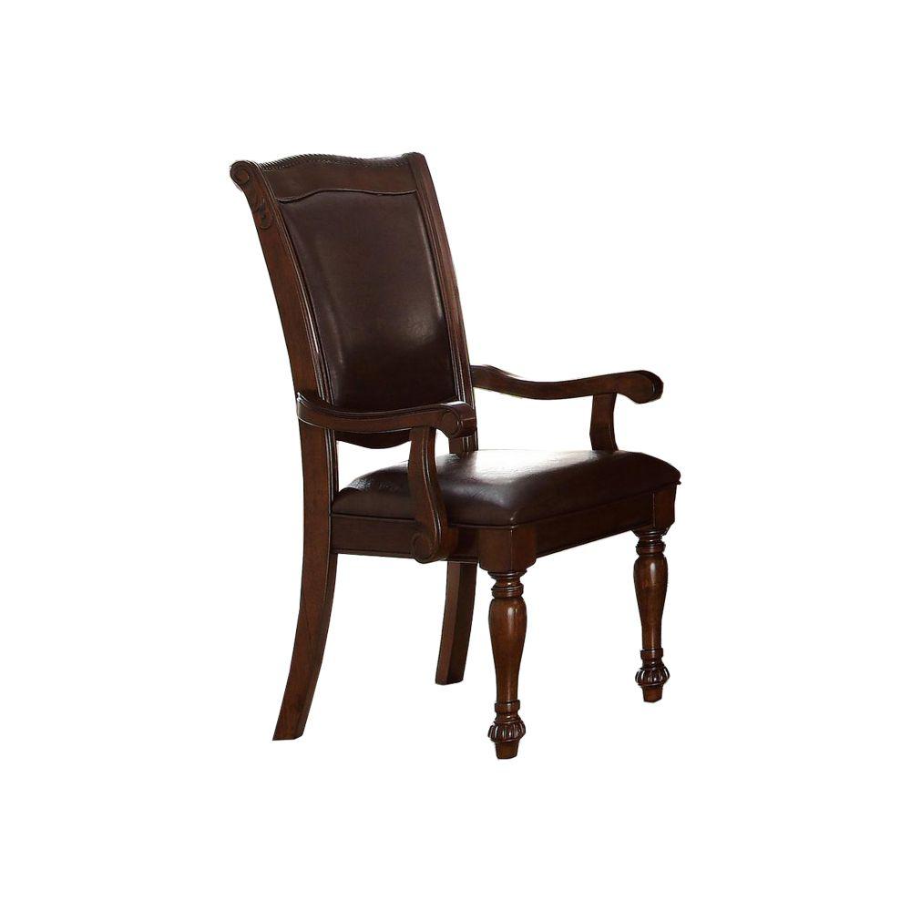 Benjara Dark Brown Wooden and Leather Dining Side Arm Chair (Set of 2 ...