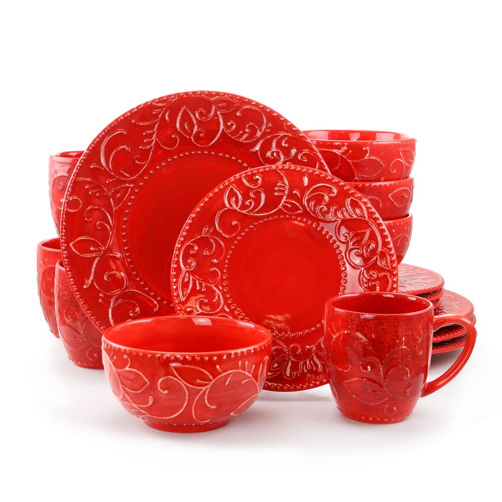 GIBSON elite Milanto 16-Piece Contemporary Red Stoneware Dinnerware Set ...