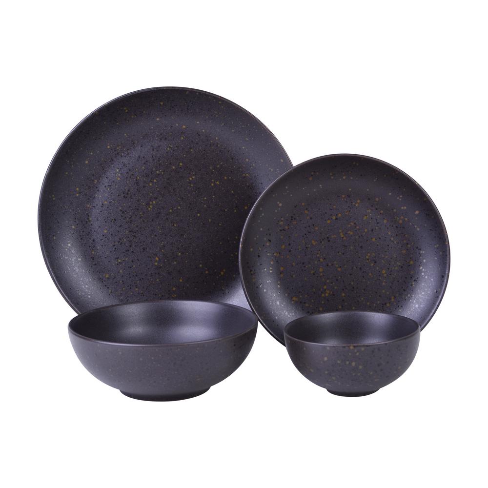 Elama Savannah 16-Piece Modern Black Stoneware Dinnerware Set (Service ...