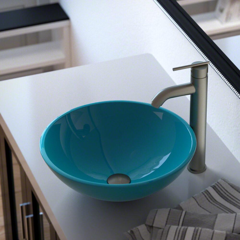 MR Direct Glass Vessel Sink in Turquoise with 718 Faucet and Pop-Up ...