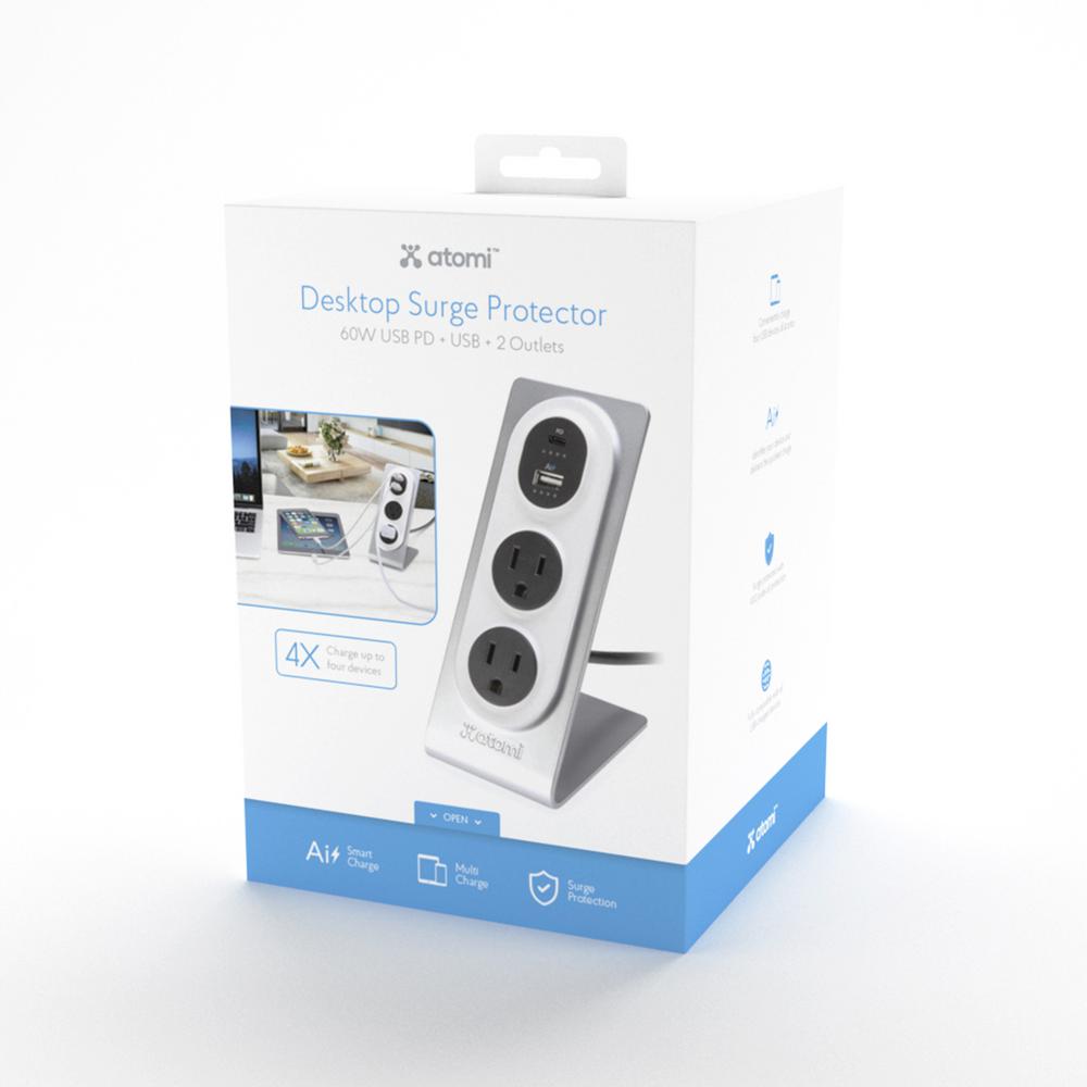 Atomi Desktop Surge Protector with USB Charge Ports and Wall Outlets ...