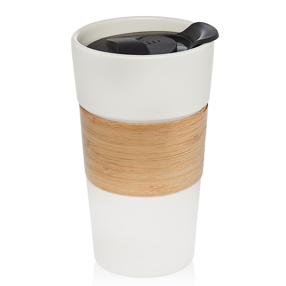Godinger Bamboo Band 12 oz. White Mug with Lid-18108 - The Home Depot
