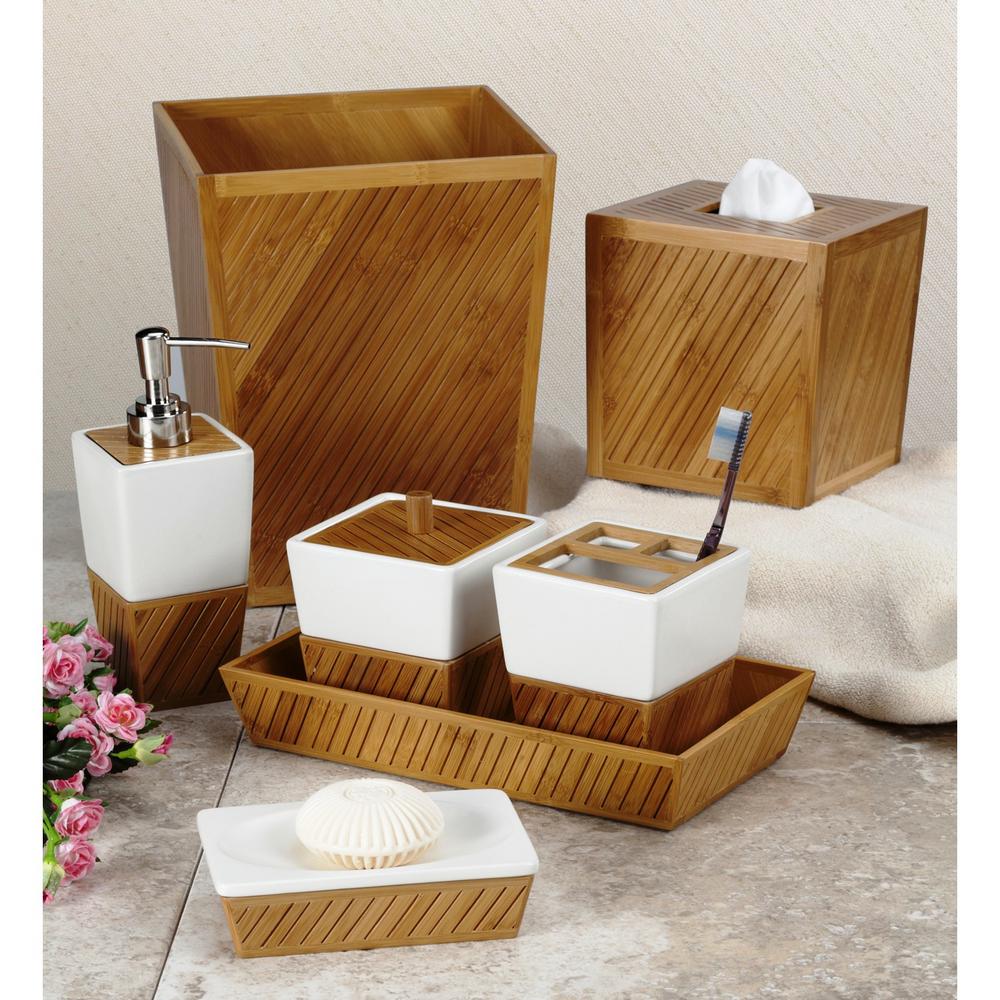Spa Bamboo 7 Piece Ceramic Bamboo Bath Accessory Set In White Tan Brown Spa Bamboo 7 Piece Ceramic Bamboo Bath Accessory Set In White Tan Brown