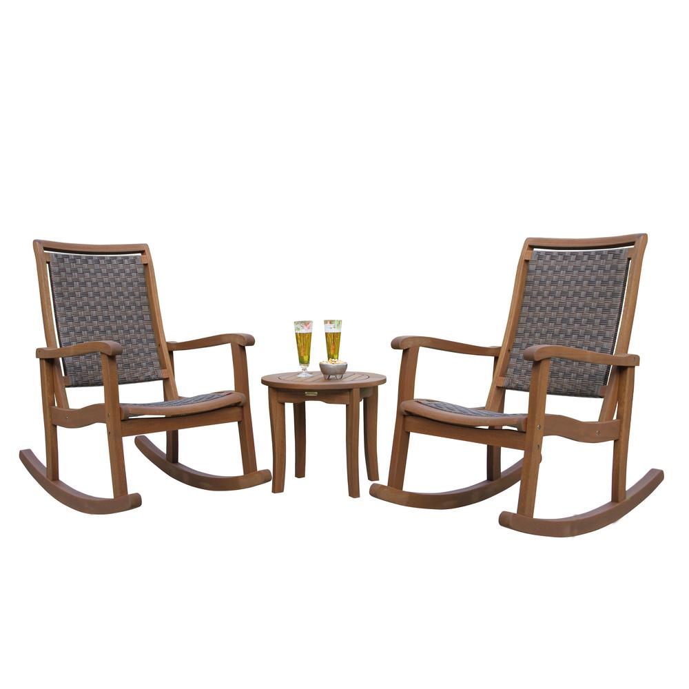 3-Piece Brown Wicker and Eucalyptus Outdoor Rocking Chair Set with ...