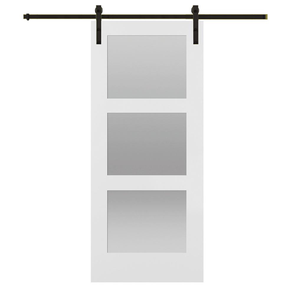 MMI Door 42 in. x 84 in. Shaker 3-Lite Frosted Glass Primed MDF Sliding ...