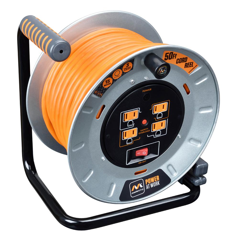 MasterPlug 50 ft. 15 Amp 12 AWG Medium Open Metal Reel With 4-Sockets ...