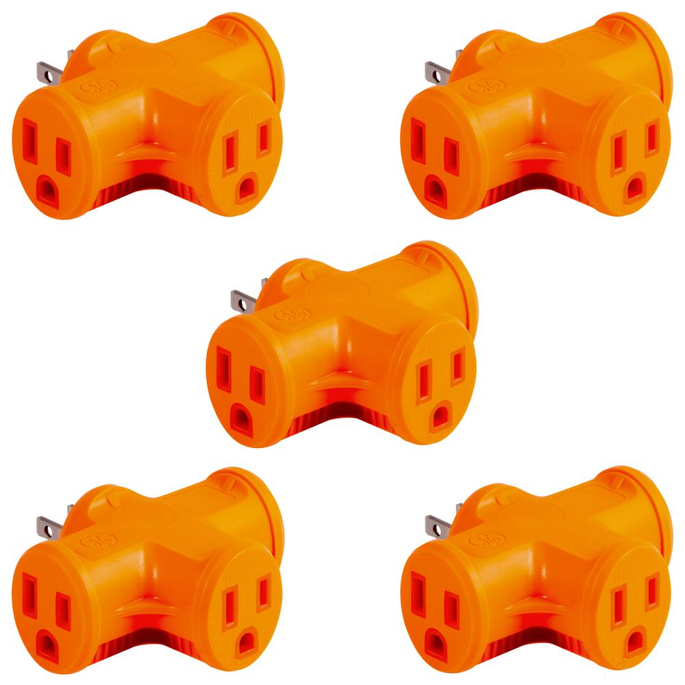 GE Heavy-Duty 3-Outlet T-Shaped Grounded Tap Adapter Plug, Orange (5 ...