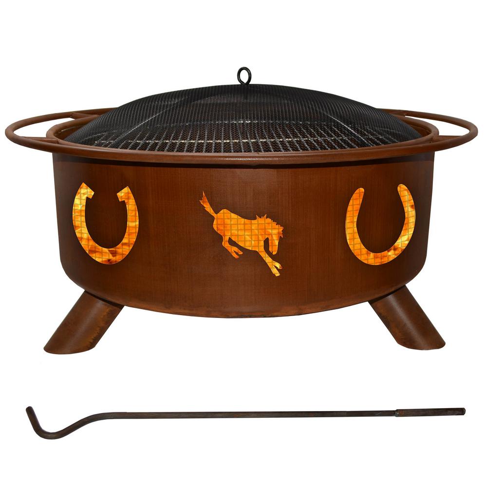 Horseshoes 29 in. x 18 in. Round Steel Wood Burning Fire Pit in Rust ...