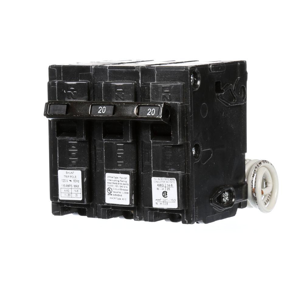 Siemens 20 Amp Double-Pole Type QP Circuit Breaker with 120-Volt Shunt ...