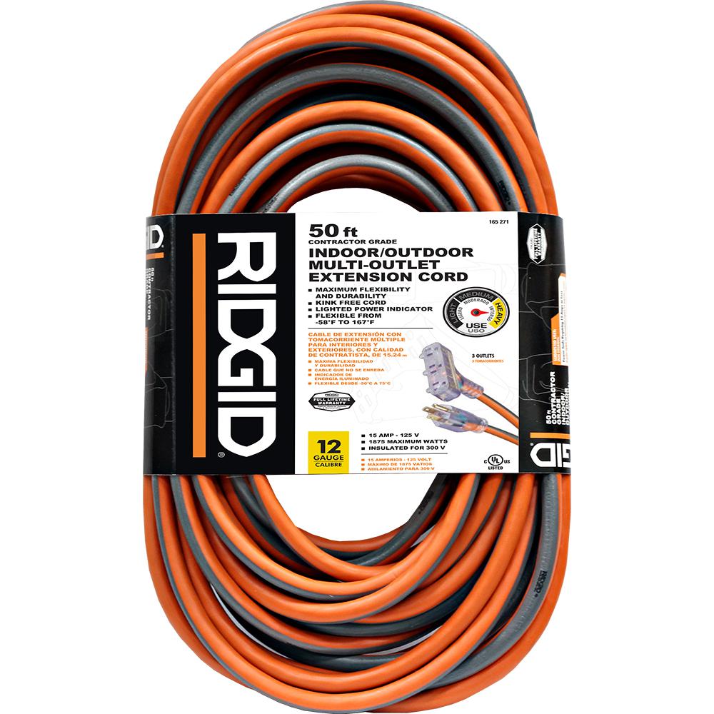 RIDGID 50 Ft 12 3 Tri Tap Outdoor Extension Cord 657 12350RL6AP The