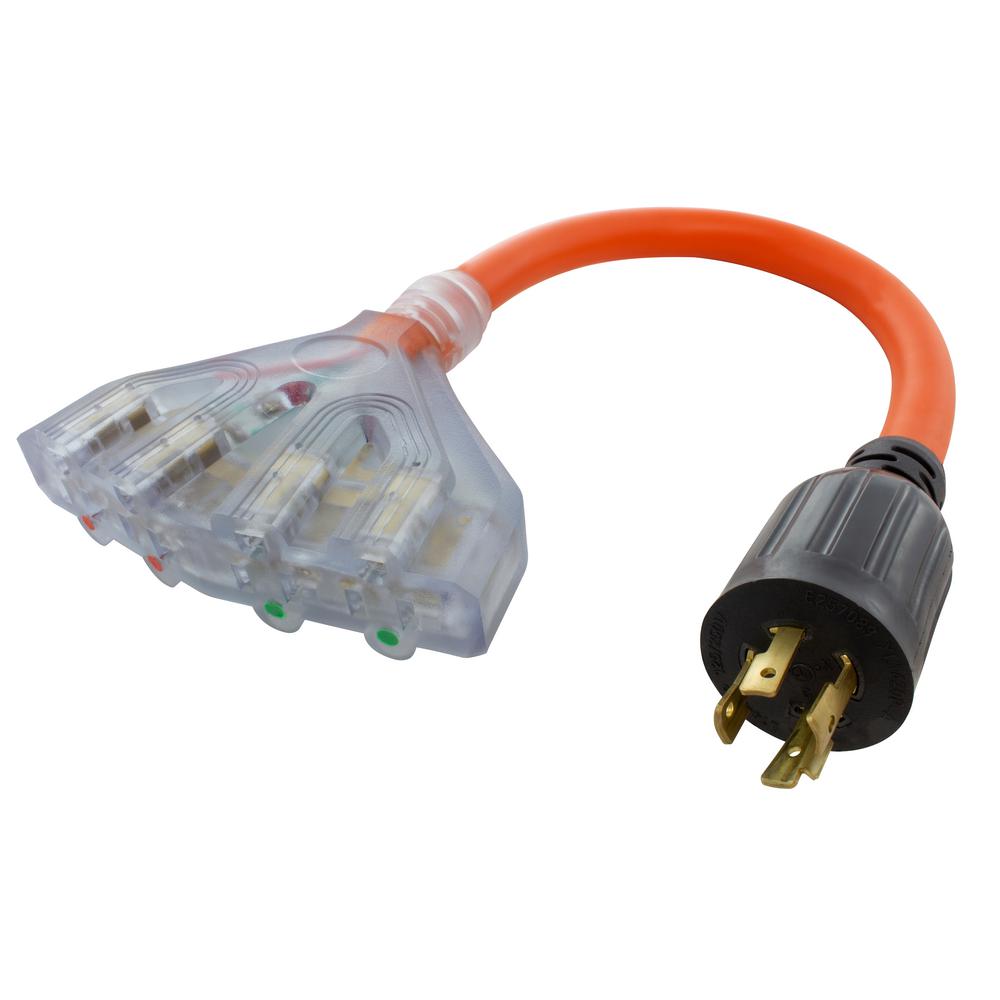 AC WORKS 1.5 ft. L14-20P Generator 4-Prong 20 Amp Plug to (4) NEMA 5-15 ...