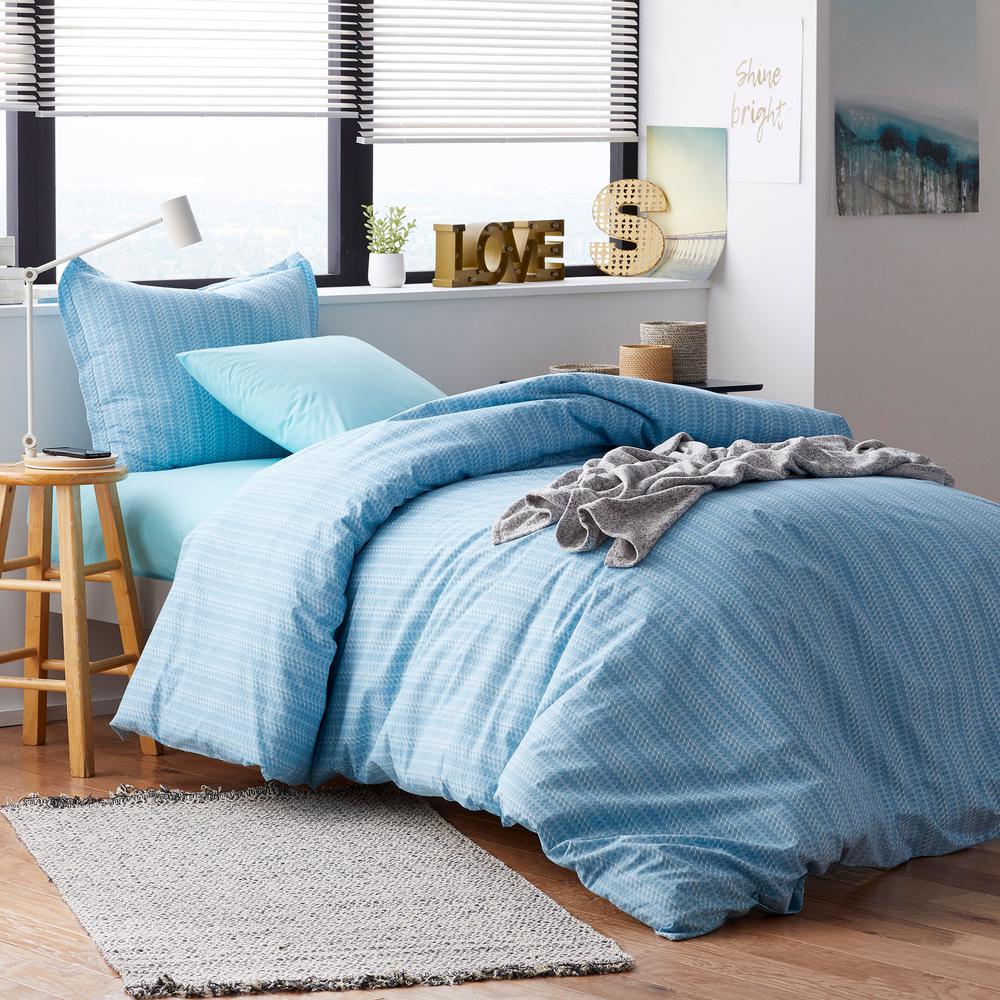 The Company Store Rylie Stripe 3-Piece Blue Cotton Percale Queen Duvet ...
