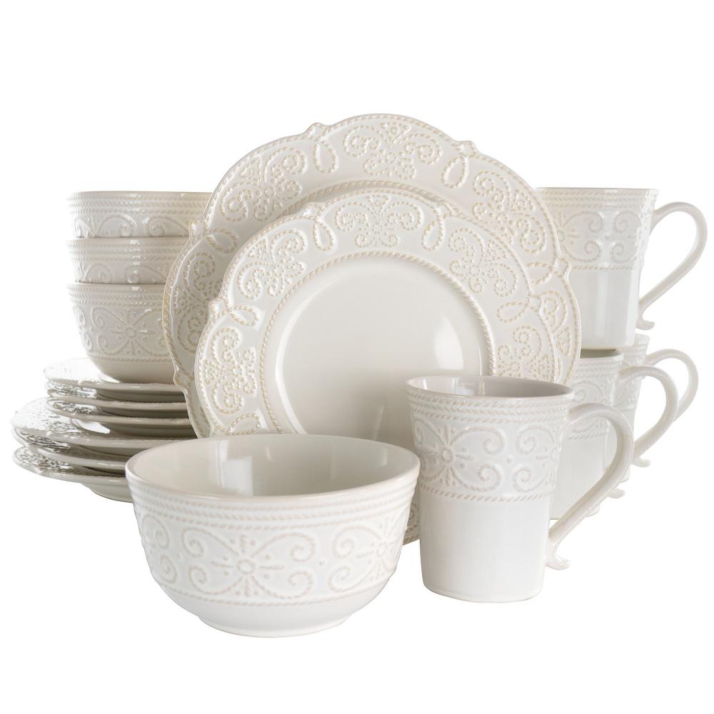 Elama 16-Piece Contessa Embossed Ivory Stoneware Dinnerware Set ...