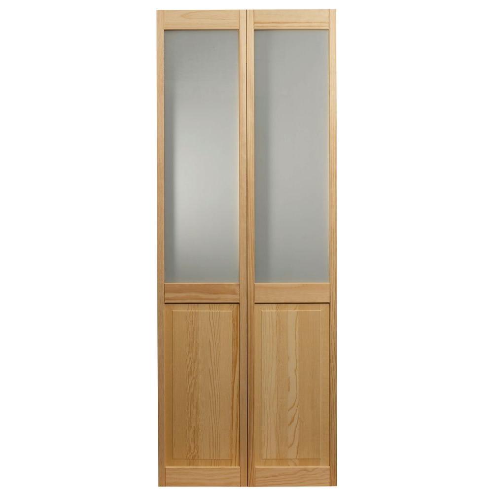 Pinecroft 32 In X 80 In Frosted Glass Over Raised Panel Pine Interior Bi Fold Door 875928