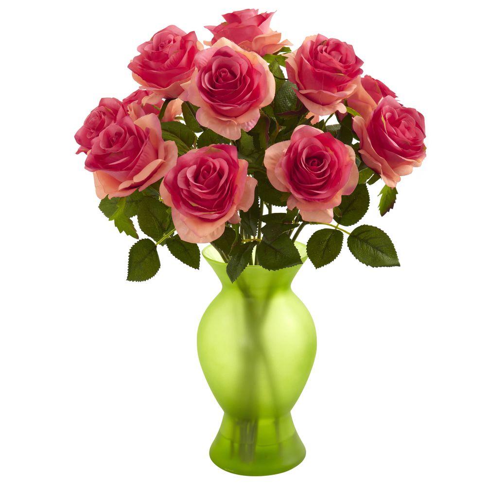 Nearly Natural Roses with Colored Glass Vase-1351-DP - The Home Depot