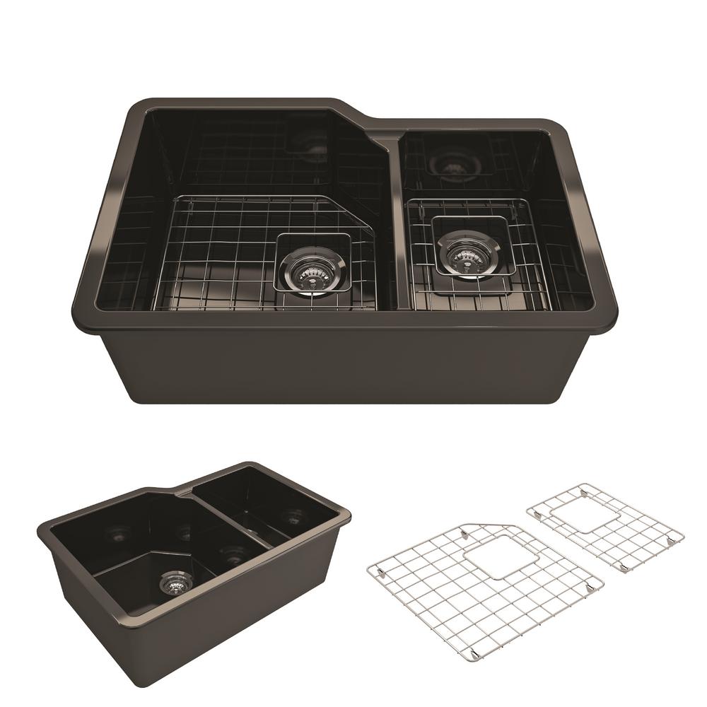 Bocchi Black Fireclay 33 In. 60/40 Double Bowl Dual-mount Kitc...