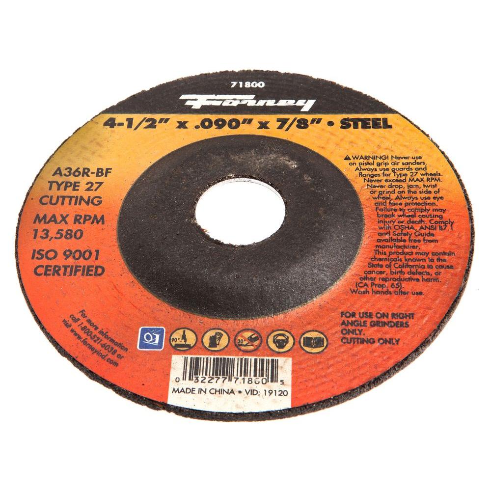 Forney 4-1/2 in. x 0.090 in. x 7/8 in. Metal Type 27 Cut-Off Wheel ...