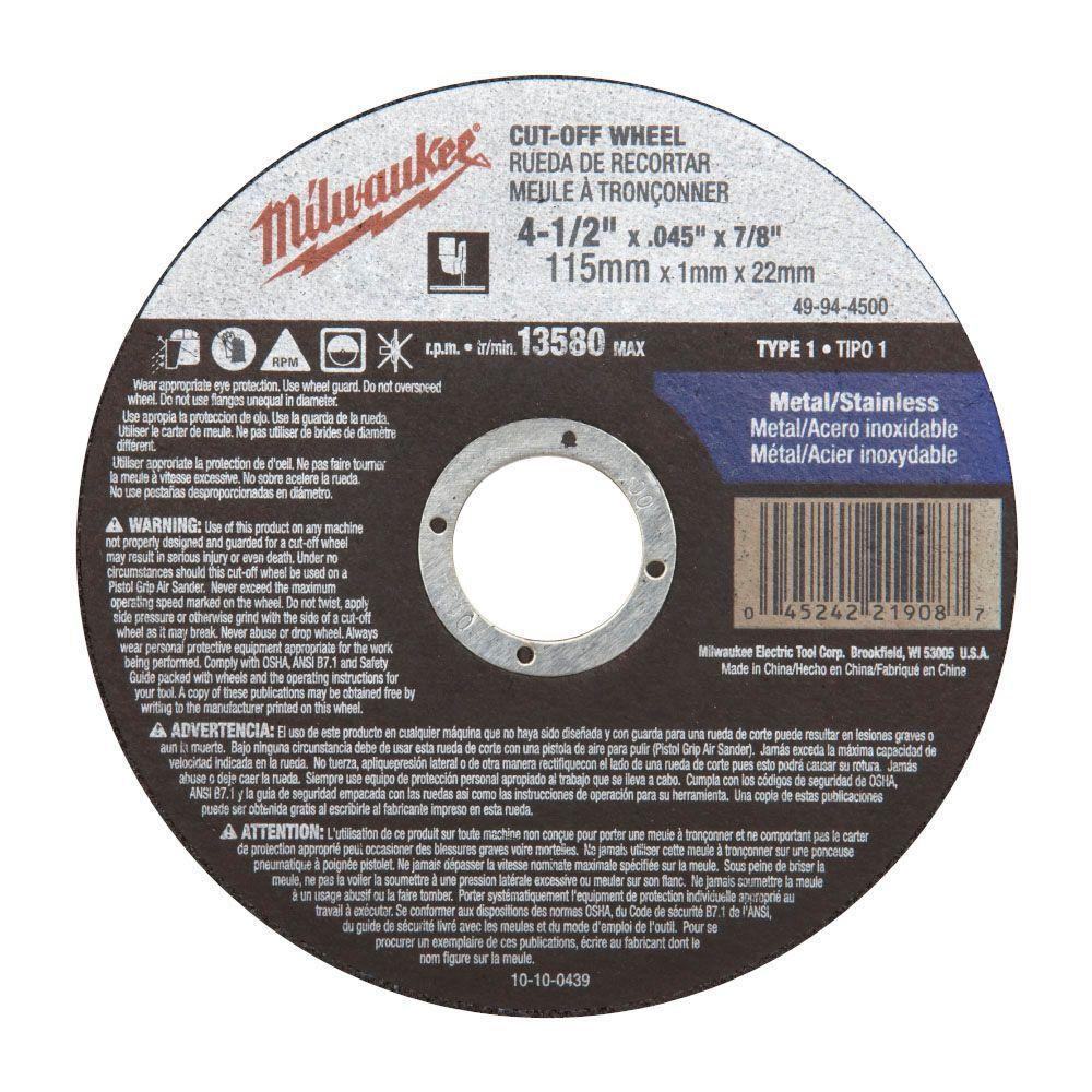 Milwaukee 4 1 2 In X 045 In X 7 8 In Cut Off Wheel Type 1 49 94