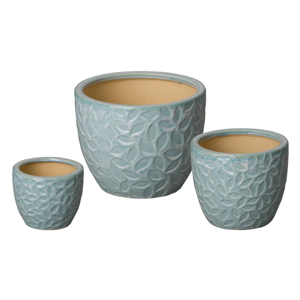 Emissary Leaf Round Light Teal Ceramic Planters (Set of 3)-CV20011LT/3 ...