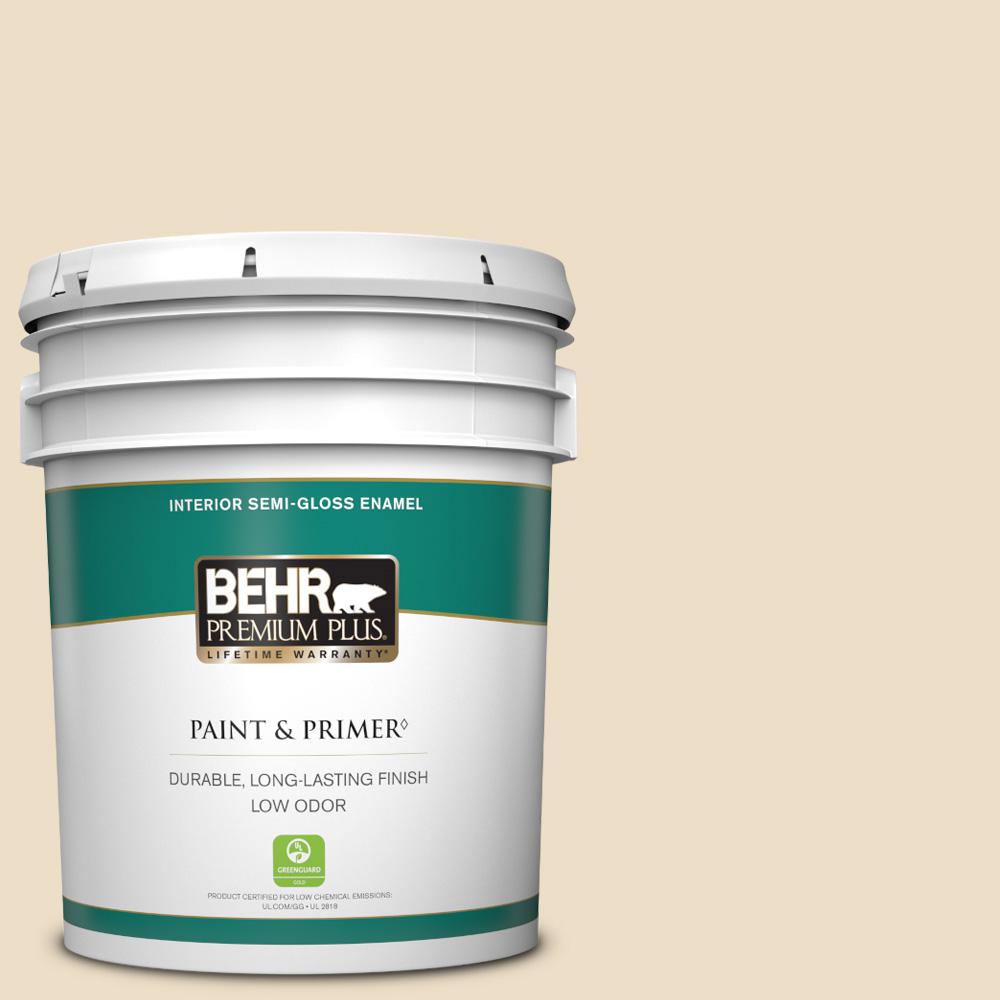 BEHR PREMIUM PLUS 5 gal. #710C-2 Raffia Cream Semi-Gloss Enamel Low ...