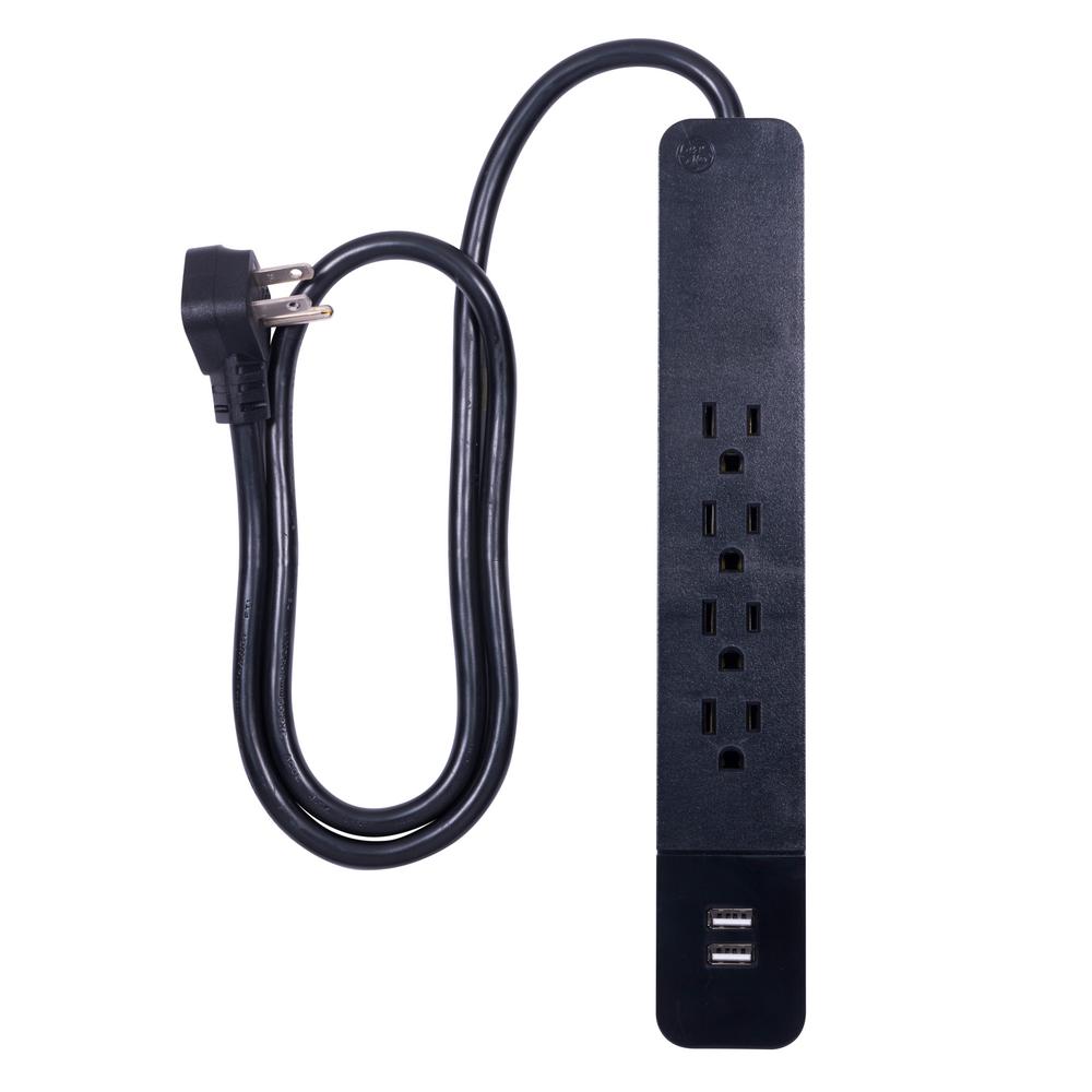 GE 4-Outlet Surge Protector with 2-USB Ports and 3 ft. Cord, Black ...