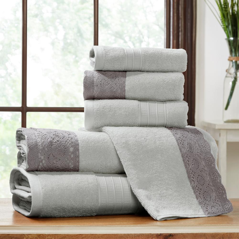 MODERN THREADS 6-Piece Towel Set with Lace hem Silver/Charcoal Lace ...