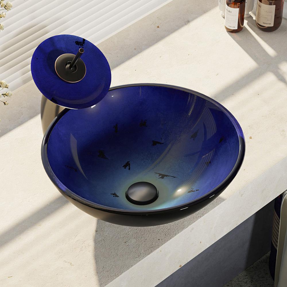 Rene Glass Vessel Sink in Gradient Blue with Waterfall Faucet and Pop ...