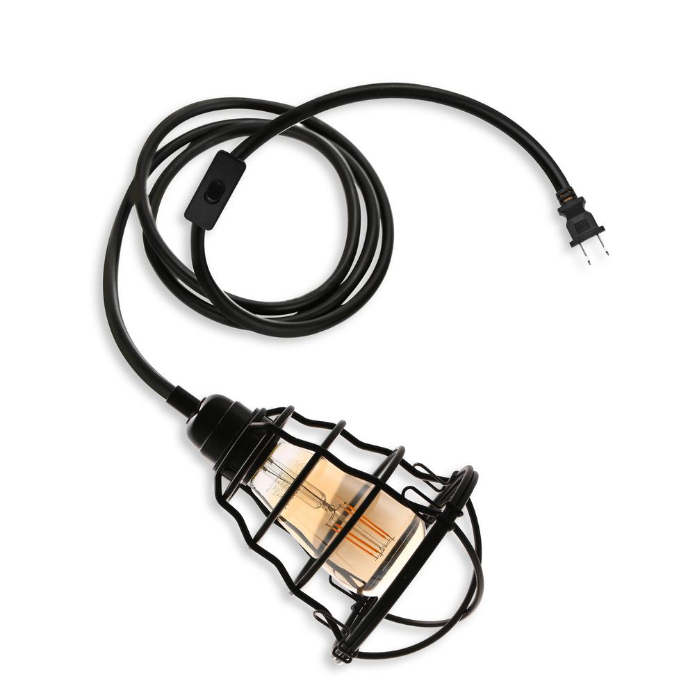 YANSUN 1-Light Aged Black Plug-in Pendant with Metal Cage Shade-H ...