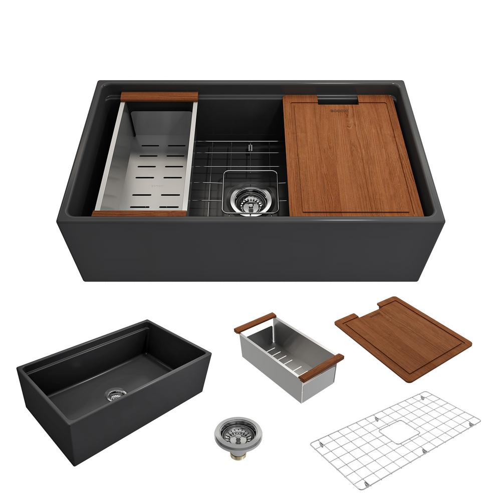 BOCCHI Step-Rim Matte Dark Gray Fireclay 33 in. Single Bowl Farmhouse ...