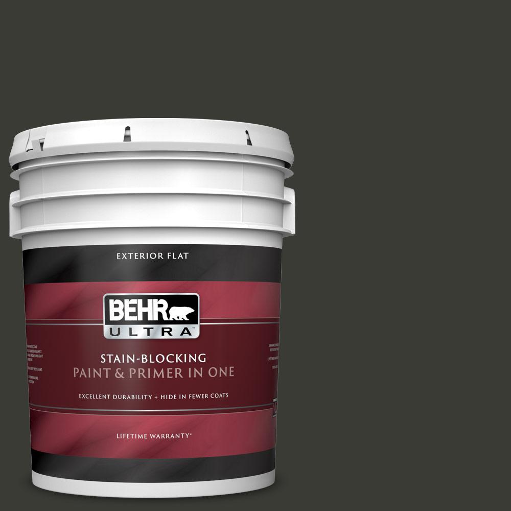 BEHR ULTRA 5 gal. #ECC-10-2 Jet Black Flat Exterior Paint and Primer in ...
