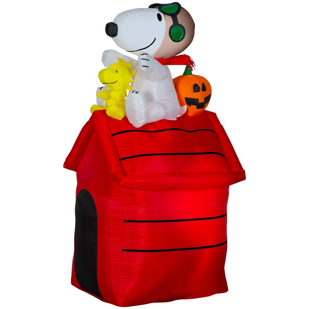 Peanuts 4.5 ft. Pre Lit Inflatable Snoopy as Flying Ace on Dog House ...