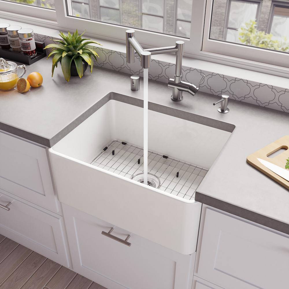 ALFI BRAND Fireclay 24 In Single Bowl Farmhouse Kitchen Sink In White